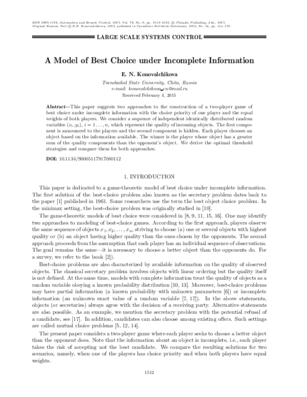 (PDF) A model of best choice under incomplete information