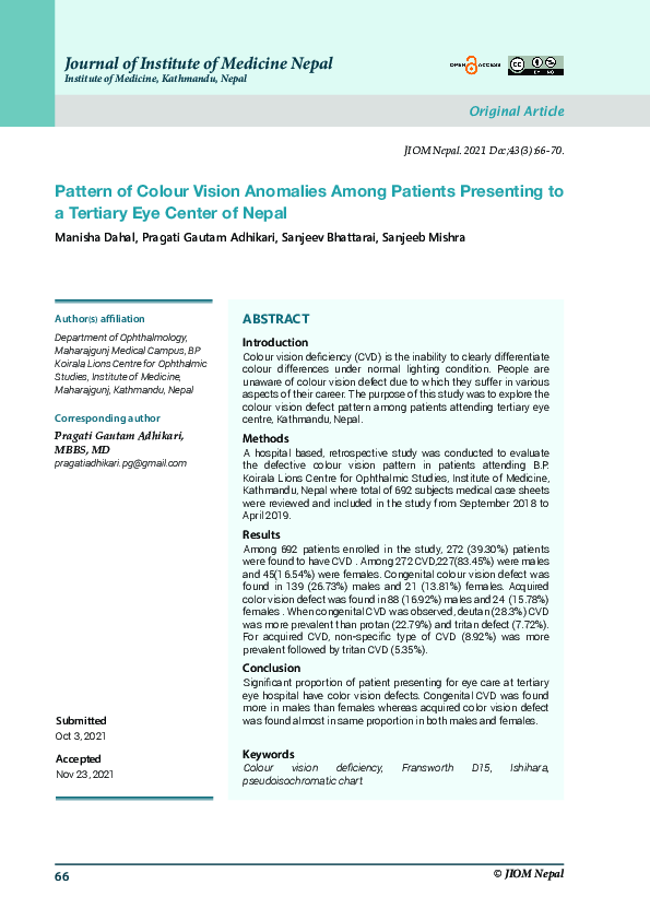 (PDF) Pattern of Colour Vision Anomalies Among Patients Presenting to a ...