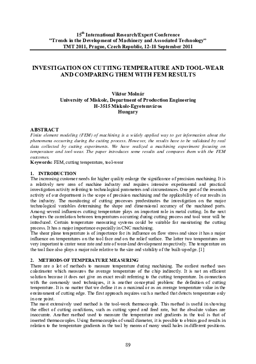 Pdf Investigation On Cutting Temperature And Tool Wear And Comparing Them With Fem Results