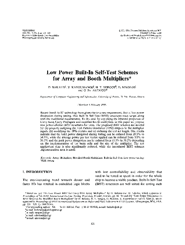 Pdf Low Power Built In Self Test Schemes For Array And Booth