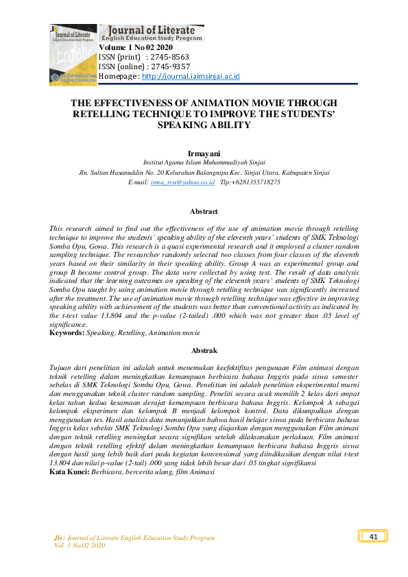 (PDF) The Effectiveness of Animation Movie Through Retelling Technique ...