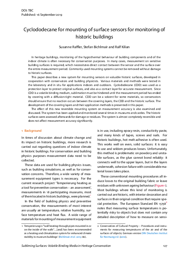 (PDF) Cyclododecane for mounting of surface sensors for monitoring of historic buildings