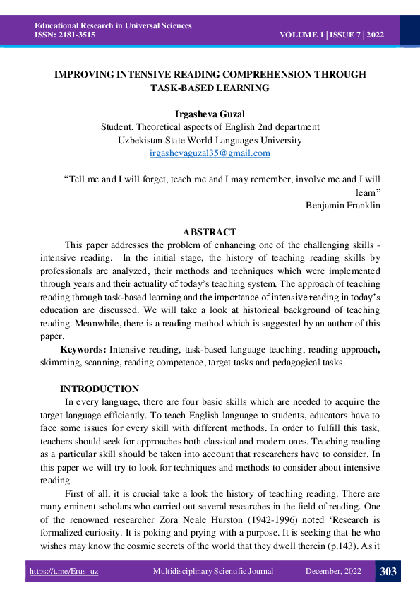 (PDF) Improving Intensive Reading Comprehension Through Task-Based Learning