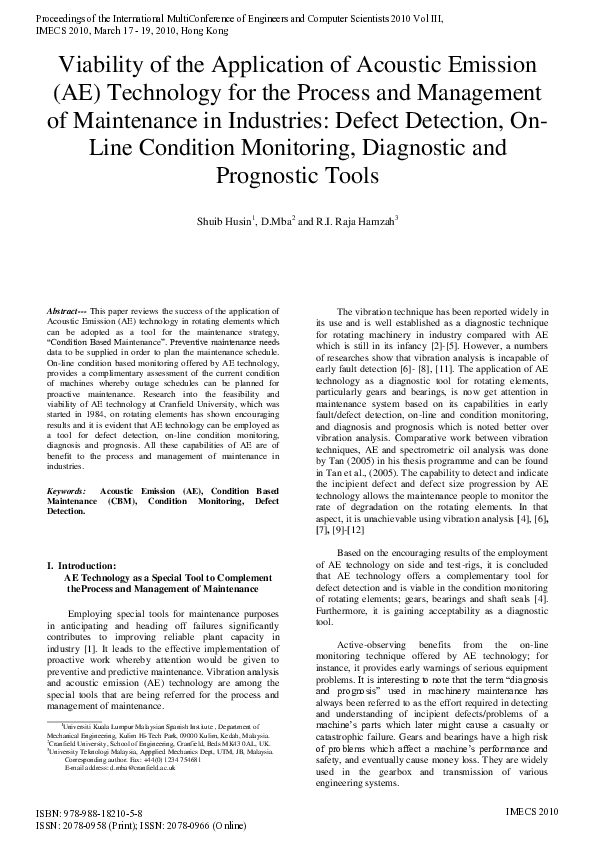 Pdf Acoustic Emission Technology For Industrial Maintenance