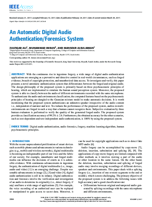 (PDF) An Automatic Digital Audio Authentication/Forensics System