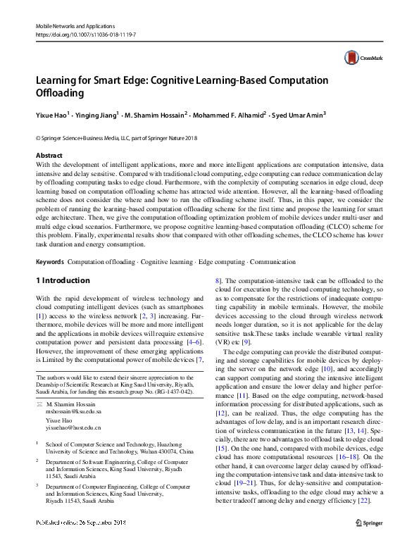 (PDF) Learning for Smart Edge: Cognitive Learning-Based Computation ... (PDF) Learning for Smart Edge: Cognitive Learning-Based Computation ...