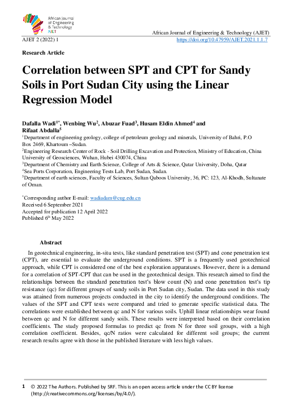 (PDF) Correlation between SPT and CPT for Sandy Soils in Port Sudan City using the Linear ...