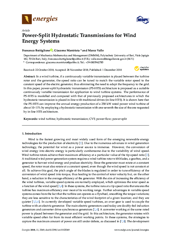 (PDF) Power-Split Hydrostatic Transmissions for Wind Energy Systems