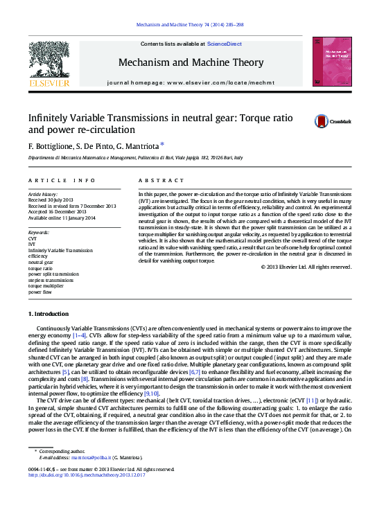(PDF) Infinitely Variable Transmissions in neutral gear: Torque ratio ...