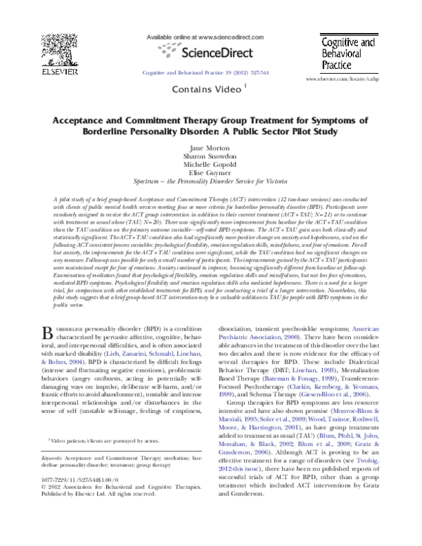 (PDF) Acceptance and Commitment Therapy Group Treatment for Symptoms of Borderline Personality ...