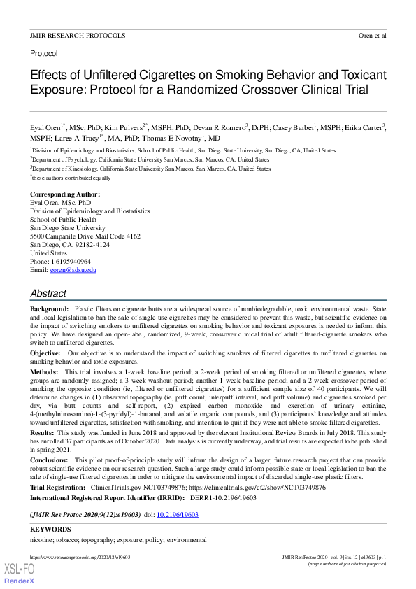 (PDF) Effects of Unfiltered Cigarettes on Smoking Behavior and Toxicant ...