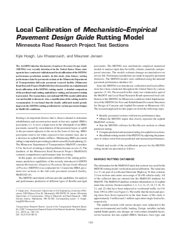 (PDF) Local Calibration of Mechanistic–Empirical Pavement Design Guide Rutting Model