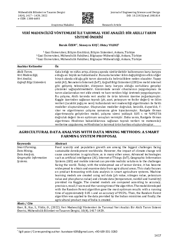 (PDF) Agricultural Data Analysis with Data Mining Methods: A Smart Farming System Proposal