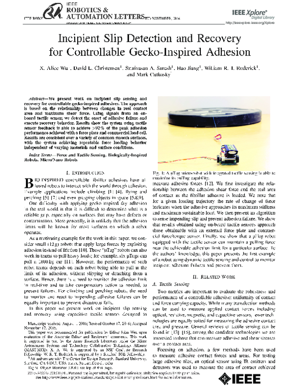 (PDF) Incipient Slip Detection and Recovery for Controllable Gecko-Inspired Adhesion | Mark ...