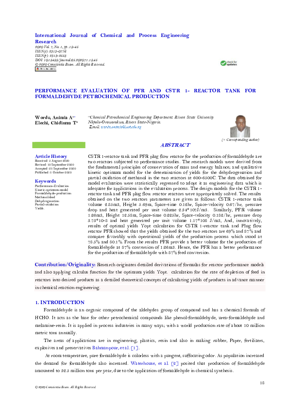 (PDF) Performance Evaluation of PFR and CSTR 1- Reactor Tank for ...