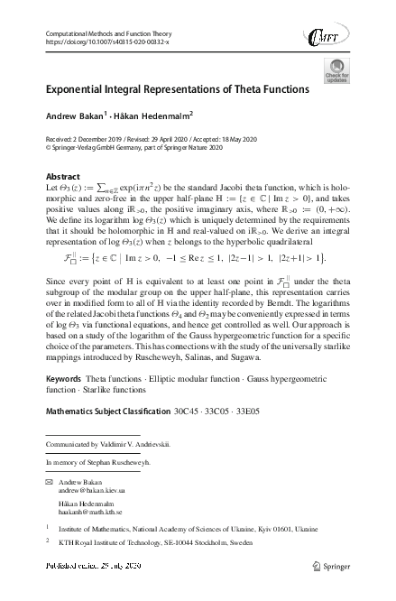 (PDF) Exponential Integral Representations of Theta Functions