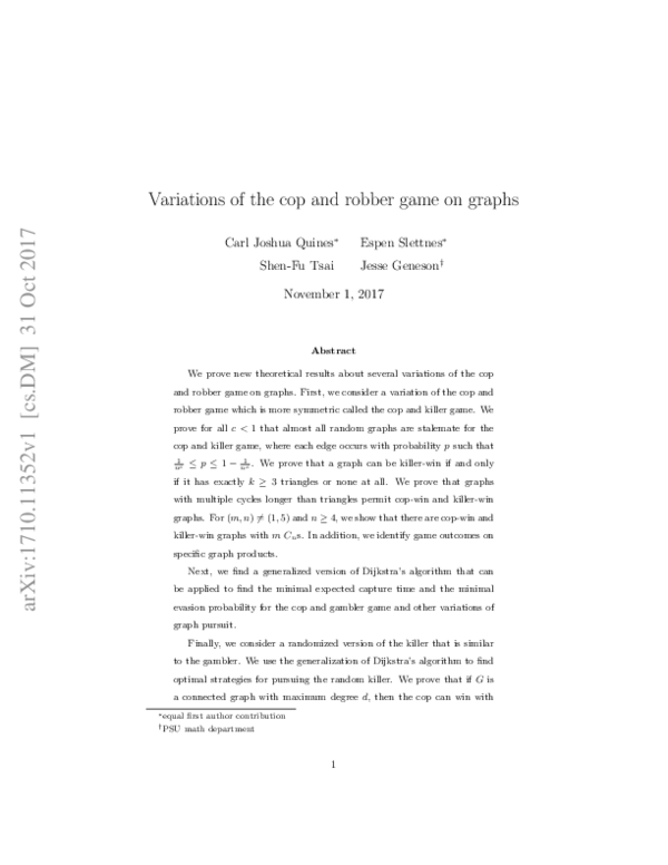 (PDF) Variations of the cop and robber game on graphs