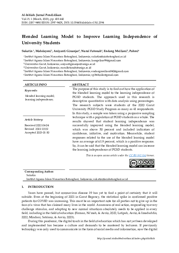 (PDF) Blended Learning Model to Improve Learning Independence in ...