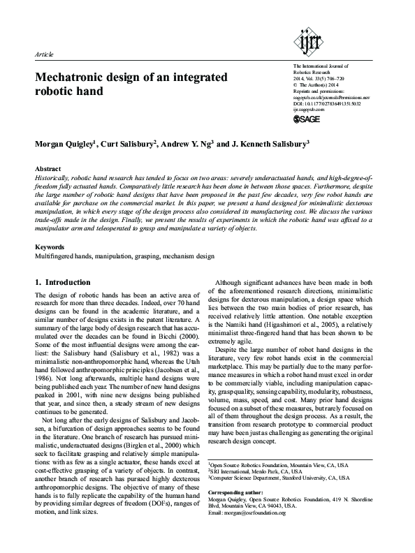 (PDF) Mechatronic design of an integrated robotic hand