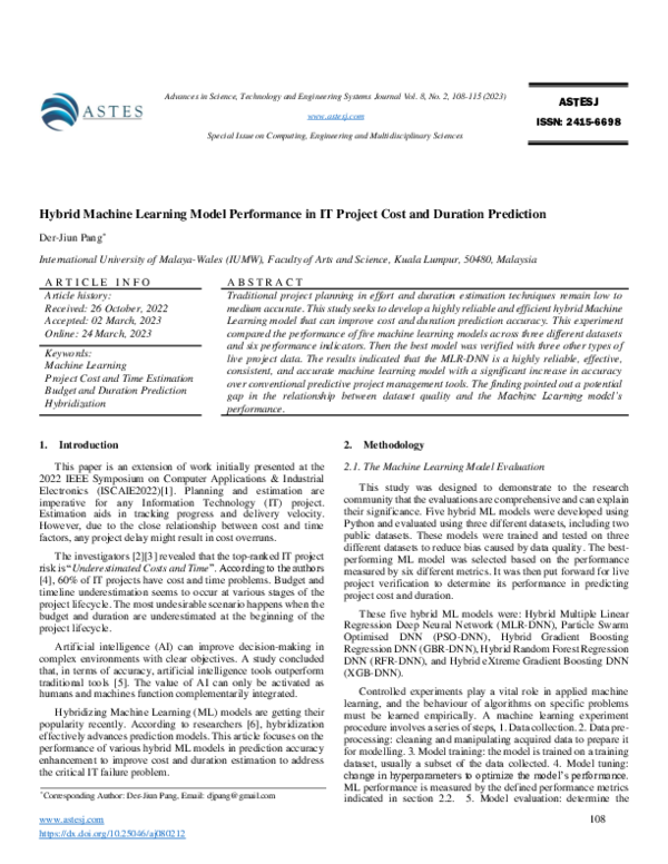 (PDF) Hybrid Machine Learning Model Performance in IT Project Cost and Duration Prediction