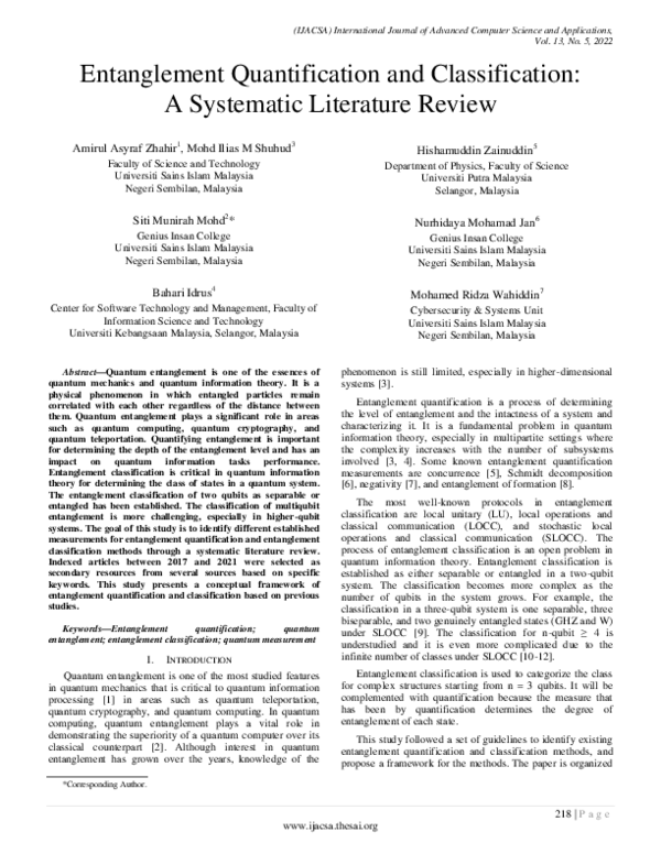 (PDF) Entanglement Quantification and Classification: A Systematic Literature Review