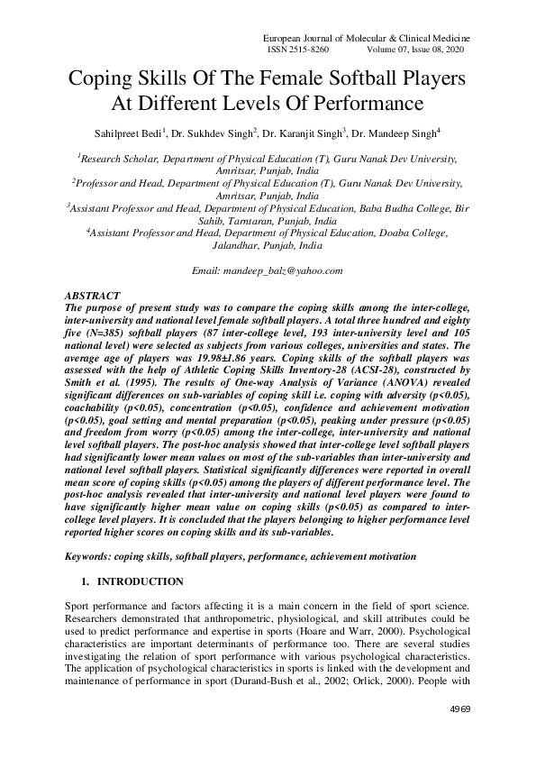 (PDF) Coping Skills Of The Female Softball Players At Different Levels ...