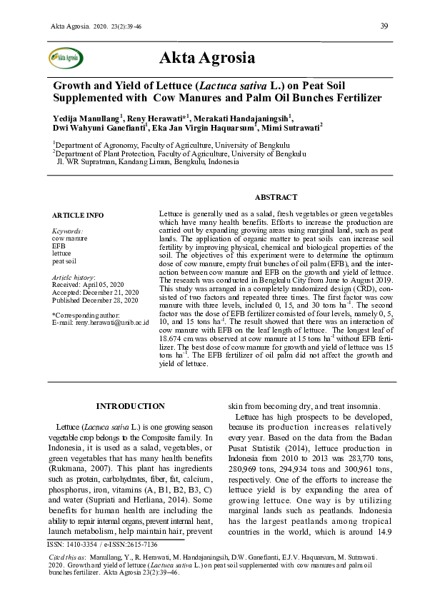 (PDF) Growth and Yield of Lettuce (Lactuca sativa L.) by Giving Cow Manure and Empty Palm Oil ...