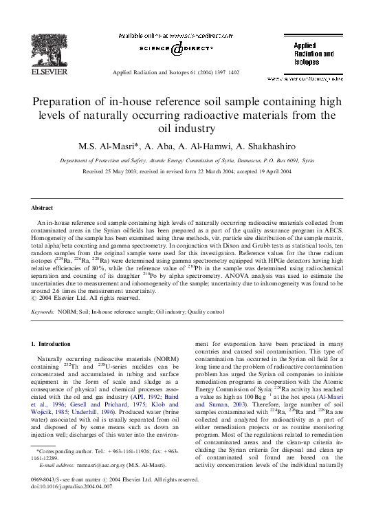(PDF) Preparation of in-house reference soil sample containing high ...