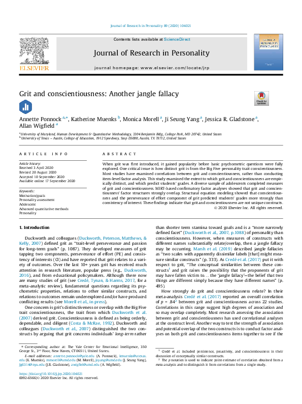 (PDF) Grit and conscientiousness: Another jangle fallacy