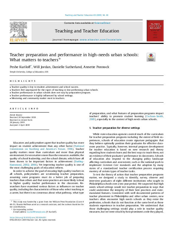 (PDF) Teacher preparation and performance in high-needs urban schools ...