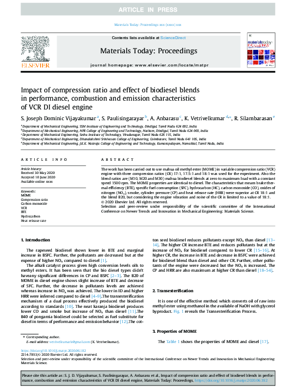Pdf Impact Of Compression Ratio And Effect Of Biodiesel Blends In Performance Combustion And