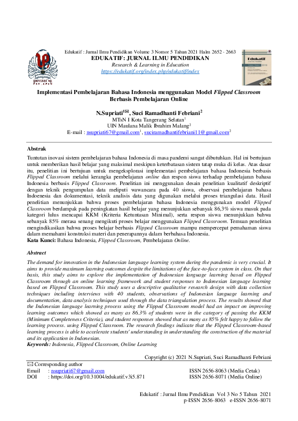 (PDF) Implementasi Pembelajaran Bahasa Indonesia menggunakan Model Flipped Classroom Berbasis ...