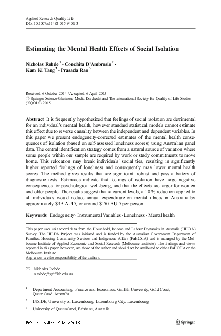 (PDF) Estimating the Mental Health Effects of Social Isolation