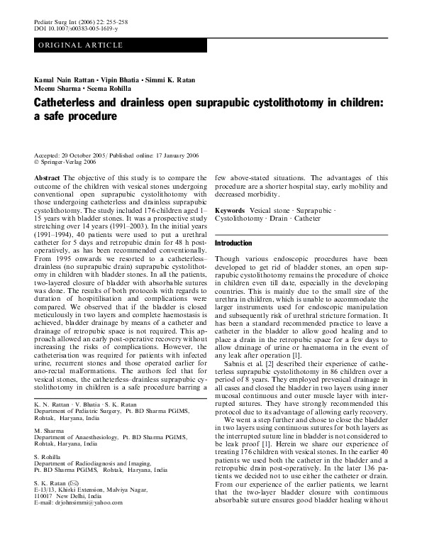 (PDF) Catheterless and drainless open suprapubic cystolithotomy in ...