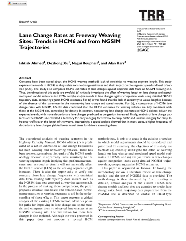 (PDF) Lane Change Rates at Freeway Weaving Sites: Trends in HCM6 and ...