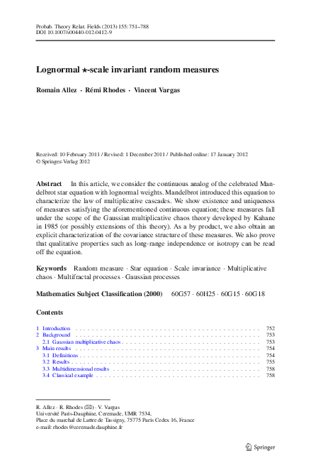 (PDF) Lognormal $${\star}$$ -scale invariant random measures