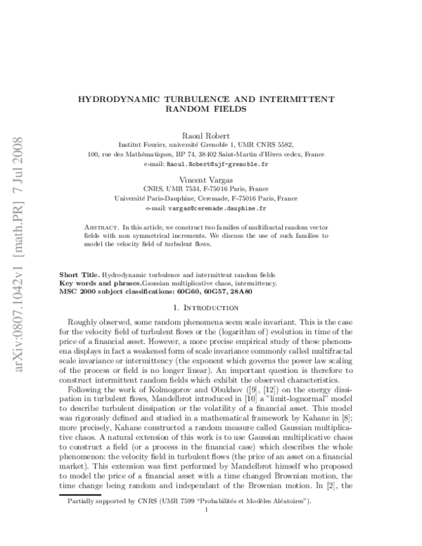 (PDF) Hydrodynamic Turbulence and Intermittent Random Fields