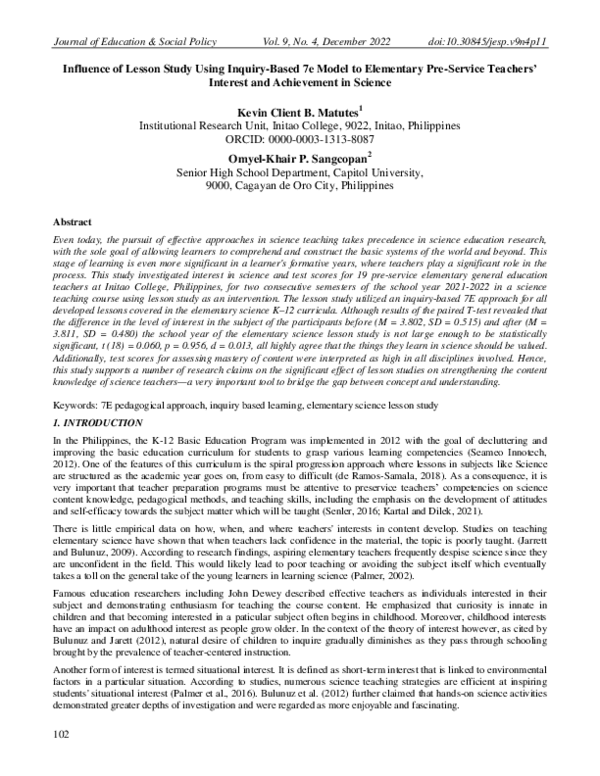 (PDF) Influence of Lesson Study Using Inquiry-Based 7e Model to ...