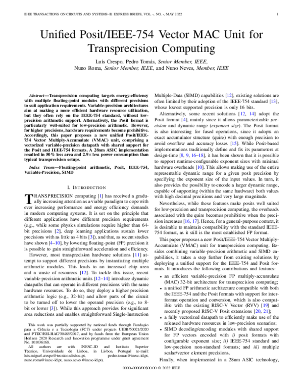 (PDF) Unified Posit/IEEE-754 Vector MAC Unit for Transprecision Computing