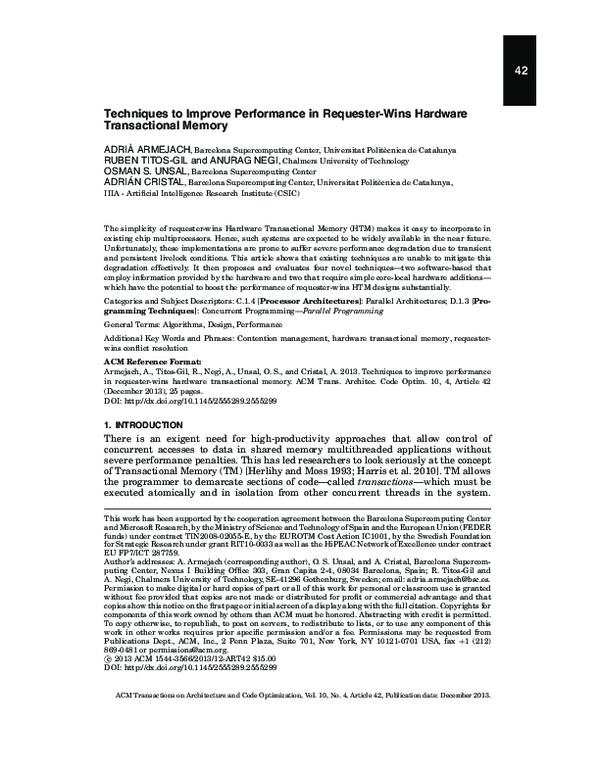 Pdf Techniques To Improve Performance In Requester Wins Hardware Transactional Memory