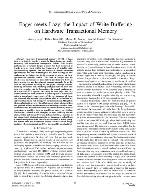 Pdf Eager Meets Lazy The Impact Of Write Buffering On Hardware Transactional Memory Anurag