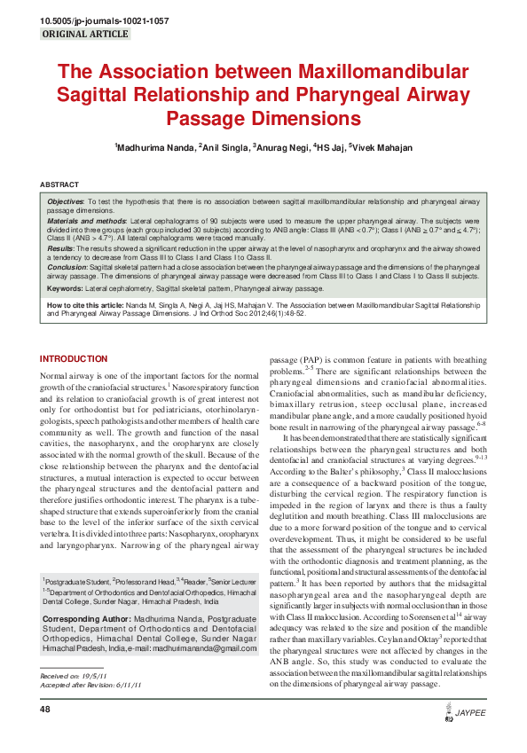 (PDF) The Association between Maxillomandibular Sagittal Relationship and Pharyngeal Airway ...