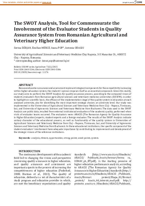 (PDF) The SWOT Analysis, Tool for Commensurate the Involvement of the ...