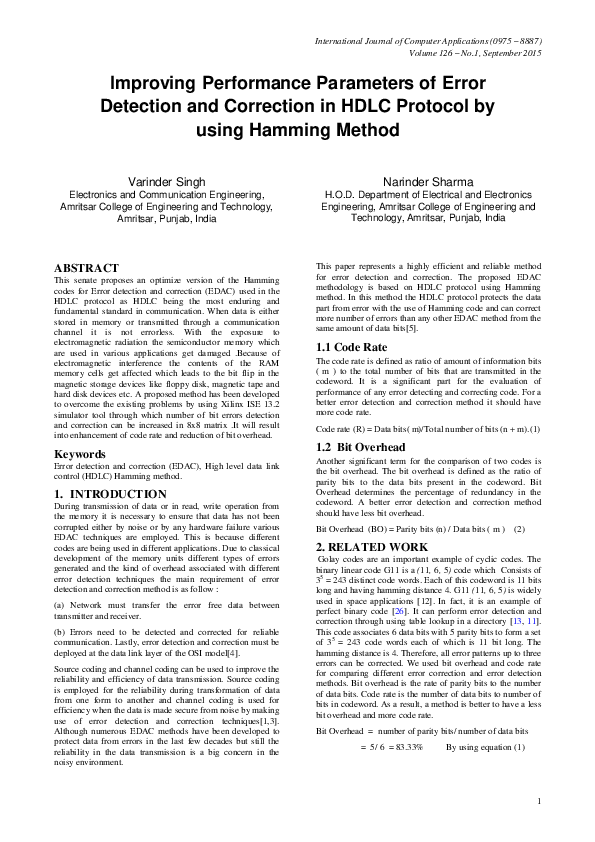 (PDF) Improving Performance Parameters of Error Detection and Correction in HDLC Protocol by ...