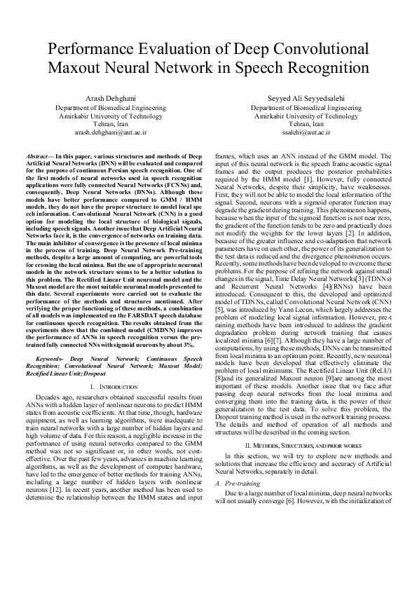 Pdf Performance Evaluation Of Deep Convolutional Maxout Neural Network In Speech Recognition