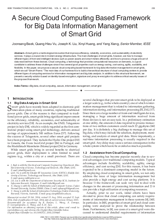 (PDF) A Secure Cloud Computing Based Framework for Big Data Information Management of Smart Grid