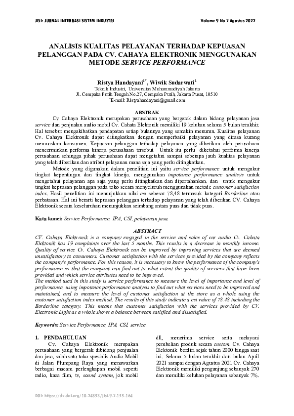 (PDF) Analisis Kualitas Pelayanan Terhadap Kepuasan Pelanggan Pada CV. Cahaya Elektronik ...
