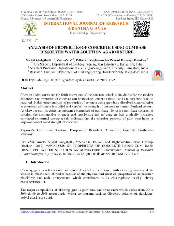 (PDF) Analysis of Properties of Concrete Using Gum Base Dissolved Water Solution as Admixture