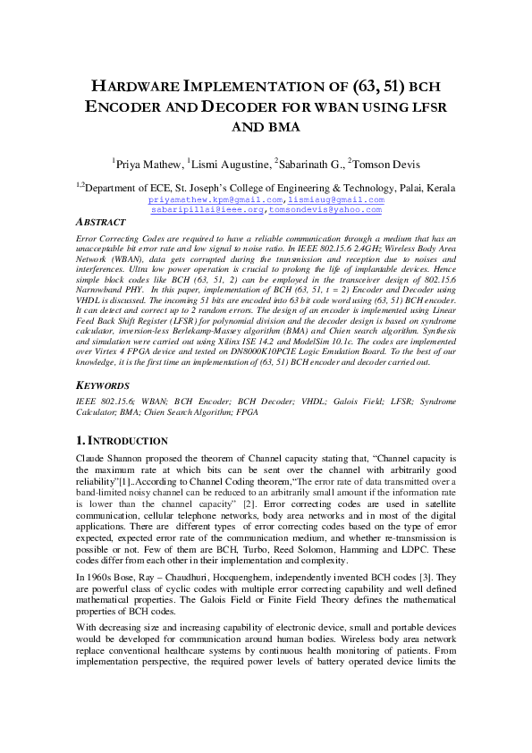 (PDF) Hardware Implementation of (63, 51) Bch Encoder and Decoder for ...