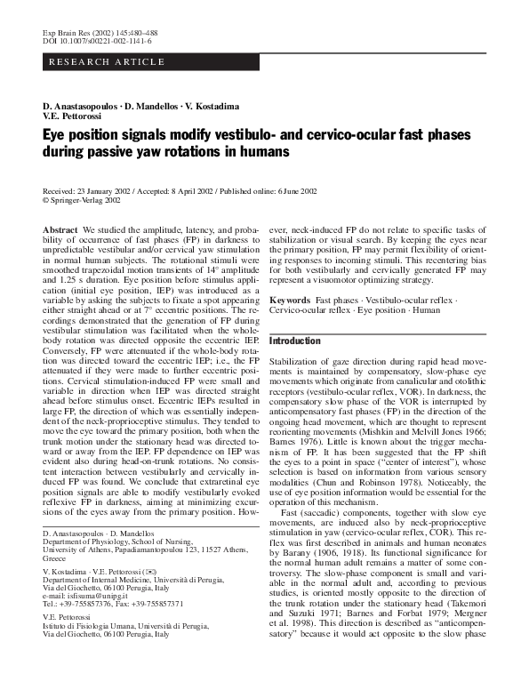 (PDF) Eye position signals modify vestibulo- and cervico-ocular fast ...